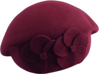 Generic B&eacute;ret en laine douce pour garder au chaud Couleur unie B&eacute;ret fran&ccedil;ais avec fleurs d&eacute;coratives pour homme Taille S, bordeaux, Taille unique