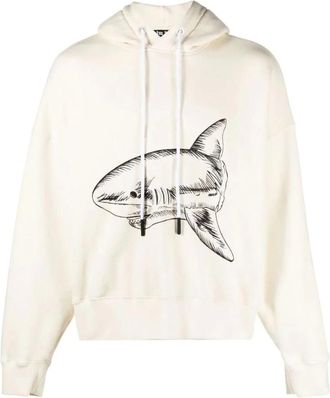 Palm Angels Homme, Sweatshirts et sweats &agrave; capuche, Beige, Taille: XL Shark Print Cotton Sweat &agrave; capuche