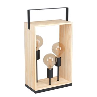 Eglo Tischlampe Famborough, 3 flammige Tischleuchte Vintage, Industrial, Skandinavisch, Nachttischlampe aus Stahl und Holz, Wohnzimmerlampe in Schwarz, Nat