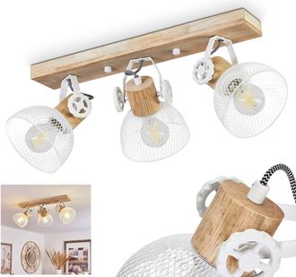 HOFSTEIN Deckenleuchte Orny, Deckenlampe im Vintage-Design aus Holz/Metall in Natur/Weiß m. Schirmen in Gitter-Optik, Leuchte m. Holzbalken, Textilkabeln u. ve