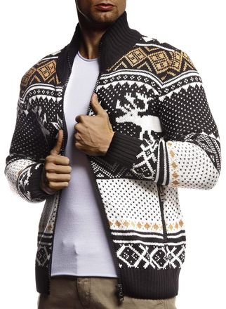LEIF NELSON Herren Strickjacke Stehkragen Norwegerjacke Schwarze Winterjacke Freizeitjacke Männer Jacke für Weihnachten Winter Norweger Muster Übergangsjacke Slim
