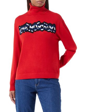 Love Moschino Long-Sleeved Turtleneck Pullover in Wool Blend, 12 Gauge, with Striped Logo Jacquard Intarsia on The Front
