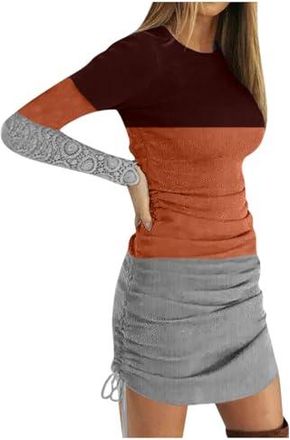 Generic Robes amincissantes pour femmes robe ajust&eacute;e col rond couleur unie assortie cordon de serrage lat&eacute;ral dentelle &eacute;pissure manches longues bodycons mini 