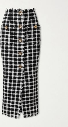 Balmain Midirock Aus Kariertem Tweed Aus Einer Baumwollmischung Mit Fransen - Wei&szlig;