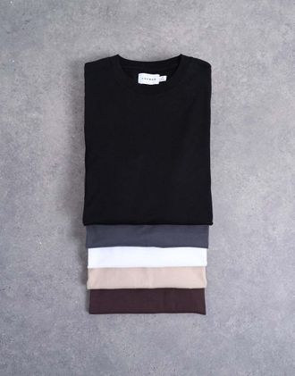Topman 5er-Pack Classic-Fit-T-Shirts in Schwarz, Wei&szlig;, Anthrazit, Schokobraun und Steinbeige-Bunt