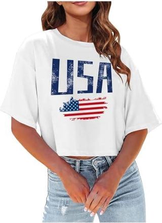 Generic Haut court patriotique d&eacute;contract&eacute; pour femme - Motif graphique 2025 - Style athl&eacute;tique - Ample - Col rond - Coupe ample - Mignon - Manches courtes - 