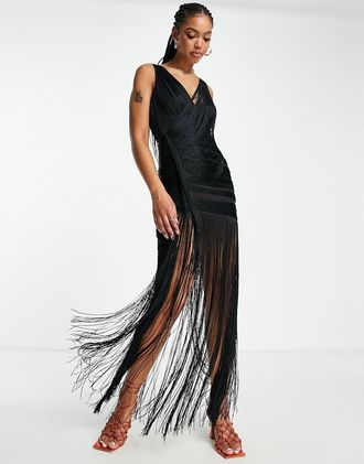 Asos Drapiertes Maxikleid in Schwarz mit Fransen und Wickeldetail