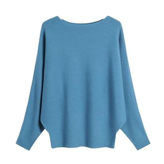 Generic Pull en tricot &agrave; manches chauve-souris et col bateau pour femme - Automne et hiver - Long pull chaud en tricot c&ocirc;tel&eacute;, bleu, Taille unique