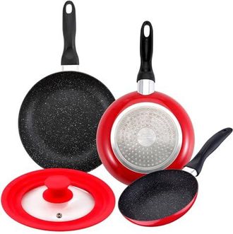 San Ignacio 3-teiliges Pfannenset mit Marmorbeschichtung, Ø 16 x 20 x 24 cm + Universaldeckel in Rot aus Glas