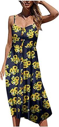 Generic Robe boh&egrave;me 2026 pour femme avec poches boutonn&eacute;es vers le bas, robe midi boh&eacute;mienne balan&ccedil;oire pour femmes, bleu, XL