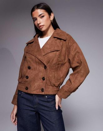 River Island Zweireihige Bomberjacke aus Wildlederimitat in Hellbraun im Trenchcoat-Stil-Brown