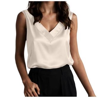 Generic D&eacute;bardeurs en satin Femme Brillance Tank Top El&eacute;gant Haut sans Manches Blouse Mode D&eacute;bardeur en Col en V Basiques T-Shirt D&eacute;contract&eacute; Aspect Soie Chem
