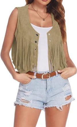 Generic Tenues occidentales pour femmes, gilet &agrave; franges boh&egrave;me, veste de cowboy turquoise, gilets de cowboy vintage, veste western classique, marron, XXL