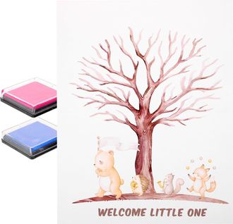 NUOBESTY Homoyoyo G&auml;stebuch mit Fingerabdruckbaum Satz f&uuml;r Gender Reveal Party Inklusive Poster Stempelkissen Blau Pink Kreatives Party Deko und Erinnerungsspi