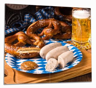 Wallario Herdabdeckplatte/Spritzschutz aus Glas, 2-teilig, 60x52cm mit 8mm hohen Füßen, für Ceran- und Induktionsherde, Bayerische Brotzeit mit Weißwurst, Brez