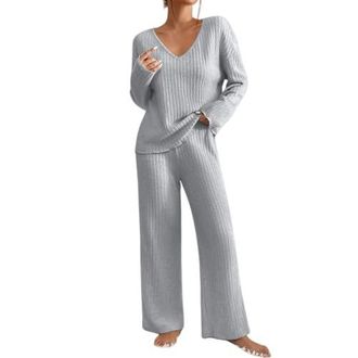 Generic Lot de 2 ensembles de pyjama à manches longues pour femme - Doux et confortable - Vêtement de nuit dhiver (disponible en plus), gris clair, XXL