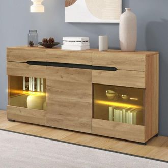 STILVORA Buffet Et Enfilade avec 3 Portes et 3 Tiroirs et LED, Fa&ccedil;ade Brillante, Style Moderne, Salon, en Panneaux, 140&times;35&times;80 cm, Ch&ecirc;ne