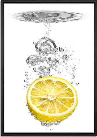 Pixxprint ins Wasser gefallene Zitrone Leinwandbild 100x70 cm im Bilderahmen, Wandbild, Schattenfugenrahmen, Kein Poster