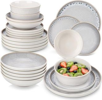 VANCASSO Service de table 24 pièces avec assiettes et bols pour 6 personnes, style méditerranéen, résistant aux éclats et aux rayures Gris