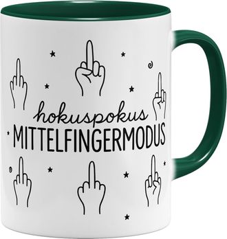 OM3 lustige Mittelfinger Kaffee-Tasse mit Spruch - Hokuspokus Mittelfingermodus - Keramik Becher - 325ml - Beidseitig Bedruckt - Gr&uuml;n