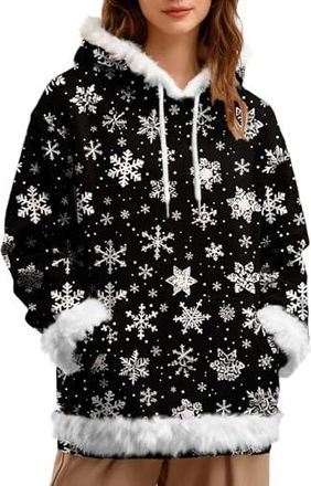 Generic Pull de Noël pour femme, grande taille, imprimé arbre de Noël pailleté, sweatshirts à capuche pour lhiver, hauts de Noël pelucheux à manches longues, 