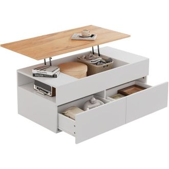Liberte Table basse relevable 100x50x40 cm, avec tiroirs, espace de rangement semi-ouvert,Blanc
