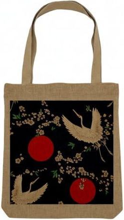 Fabulous Sac Shopping Tote Bag Aspect Lin - Japon Grue Estampe Rouge Illustration Traditionel - Sac de Courses Toile Epaisse 360g Beige Naturel Cabas Port&eacute; Epa