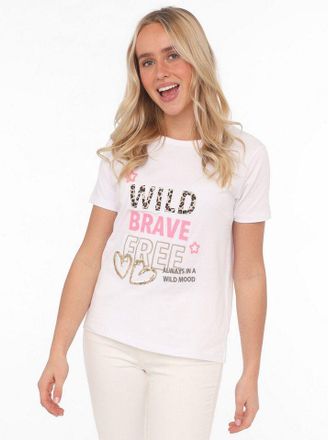 Zwillingsherz T-Shirt Wild Brave Free Leo-Muster, Pailletten, Kurzarm, Rundhalsausschnitt, Schriftz&uuml;ge