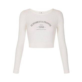 Elisabetta Franchi Femme, Pulls, Beige, Taille: 40 FR Top en maille avec logo imprim&eacute;