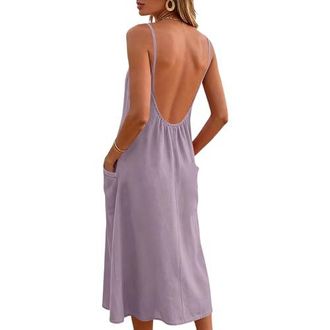 Generic Robe d&eacute;t&eacute; l&eacute;g&egrave;re mi-longue &agrave; bretelles spaghetti et dos profond pour femme, robe trap&egrave;ze d&eacute;contract&eacute;e boh&egrave;me pour femme, en coton doux, sans manches, 