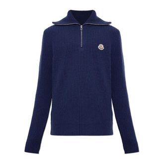 Moncler Logo Rippstrick-Rollkragenpullover aus Wolle - - Knitwear - Herren - Blau - L