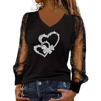 Generic Haut scintillant &agrave; manches longues pour femme - Chemisier &agrave; paillettes scintillantes - Haut graphique en forme de coeur &eacute;tincelant - Chemise de Saint-