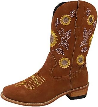 Generic Bottes de cowboy mi-mollet western à bout brodé pour femme en cuir grande taille pour fête et concert de campagne, kaki, 40.5 EU