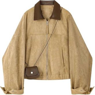Generic Veste courte en daim synth&eacute;tique pour femme avec fermeture &eacute;clair et col contrast&eacute; - V&ecirc;tement dext&eacute;rieur avec poches, kaki, S