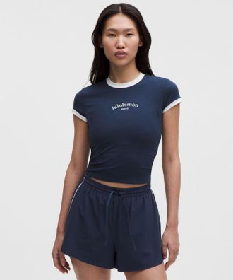 lululemon Baby Tee court ringer en coton biologique Tennis Deuce pour Femmes - Blue/Blanc - Taille XL
