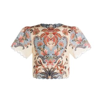 Farm Rio Farm Rio, Femme, Blouses et Chemises, Beige, Taille: 38 FR Cropped Scalloped Floral-Print Linen Top