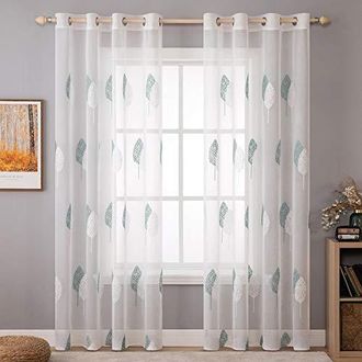 Miulee Rideaux Voilage avec Beau Motif de Feuilles Turquoise et Blanc, Intérieurs Rideau Voile Brodé a Oeillets Largeur 140 CM Hauteur 225, Transparent Voila
