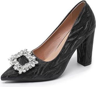 Generic Escarpins &agrave; bout pointu et talon carr&eacute; pour femme avec strass et boucle carr&eacute;e, Noir, 40.5 EU