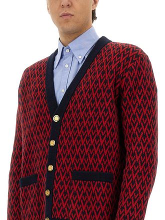 Valentino Toute La V Pattern Virgin Wool Cardigan - Red