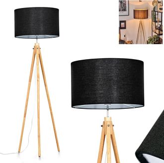 HOFSTEIN Stehleuchte Flemming, Stehlampe aus Holz/Stoff in Naturfarben/Schwarz/Wei&szlig;, Leuchte im skandinavischen Design mit rundem Schirm (&Oslash; 50 cm) u. Fu&szlig;schalt