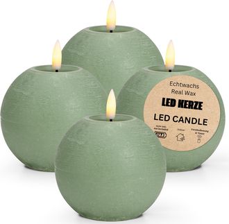 Matches 21 LED Kerzen Kugeln 4er Set aus Echtwachs mit Timerfunktion - Kerzen realistisch flackernde Flamme warmweiß Ø 10 x 9 cm - Elektrische Wachskerzen Salbei