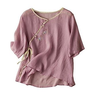 Generic Chemise en lin &agrave; manches 3/4 pour femme - R&eacute;tro - Broderie florale - Chemises chinoises d&eacute;contract&eacute;es - Boh&egrave;me - Mode d&eacute;t&eacute; - Tunique fluide, violet, 3