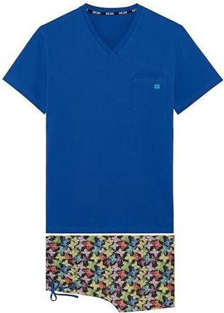 HOM Pyjama Court Butterfly Ensemble de Pijama, Haut: Bleu uni Bas: imprimé Papillons multicos Fond Noir, XL Homme