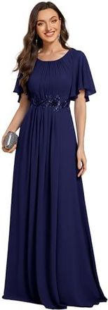 Ever-pretty Robe de Soir&eacute;e Femme Moussline Applique Col Rond Manches Courtes C&eacute;r&eacute;monie Bleu Marine 42