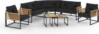 IDMarket Salon de jardin bas RIO 8 places salon dangle structure m&eacute;tal et cordage effet rotin clair et coussins noir