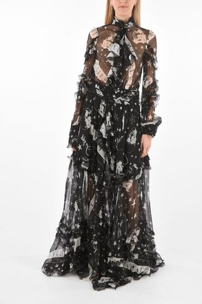 Philipp Plein COUTURE EST.1978 Floor-Length Tiered Sheer Silk Dress with Bow Neck Philipp Plein