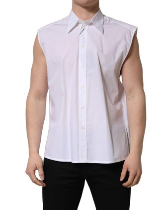 Dolce & Gabbana Mens White Cotton Sleeveless Formal Dress Shirt