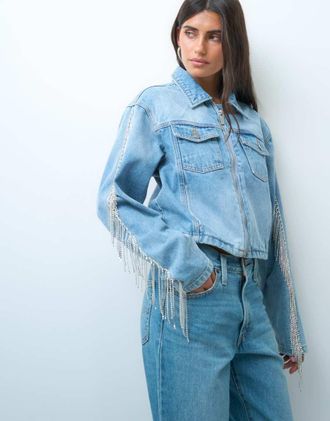 Liquor & Poker Jeansjacken-Kombiteil mit Fransen in Blue Wash-Blau