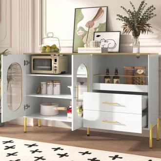 STILVORA Buffet et Enfilade avec 2 Tiroirs et 2 Portes Vitr&eacute;es, Passage de C&acirc;bles, Style Moderne, en MDF, Blanc, 140&times;38&times;90 cm