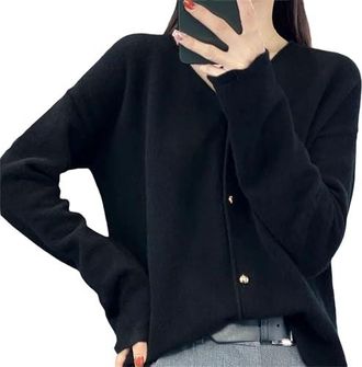 Generic Cardigan de printemps pour femme 100 % laine col en V motif tricot&eacute; &agrave; manches longues avec boutons, noir, Taille XL